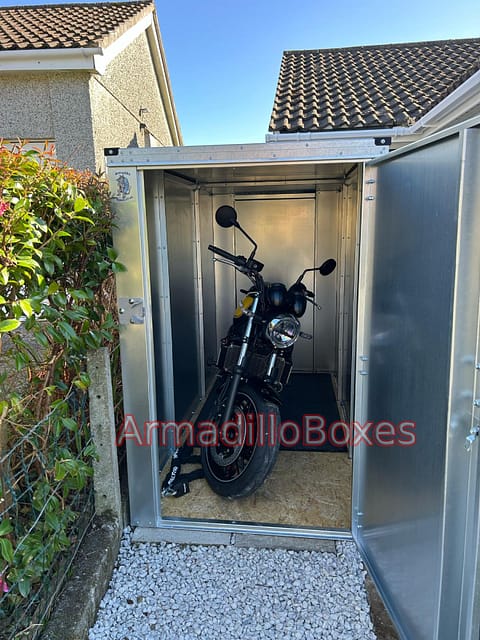 BMW GS 1250 IN A ArmadilloBoxes secure motorcycle Shed - ArmadilloBoxes